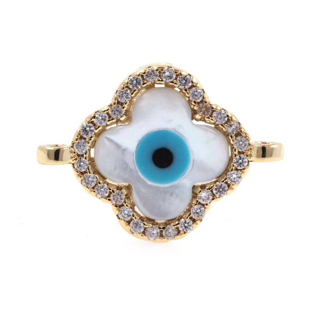 MOP Clover Evil Eye Connector, 18K Gold CZ Micro Pave Mother of Pearl ...