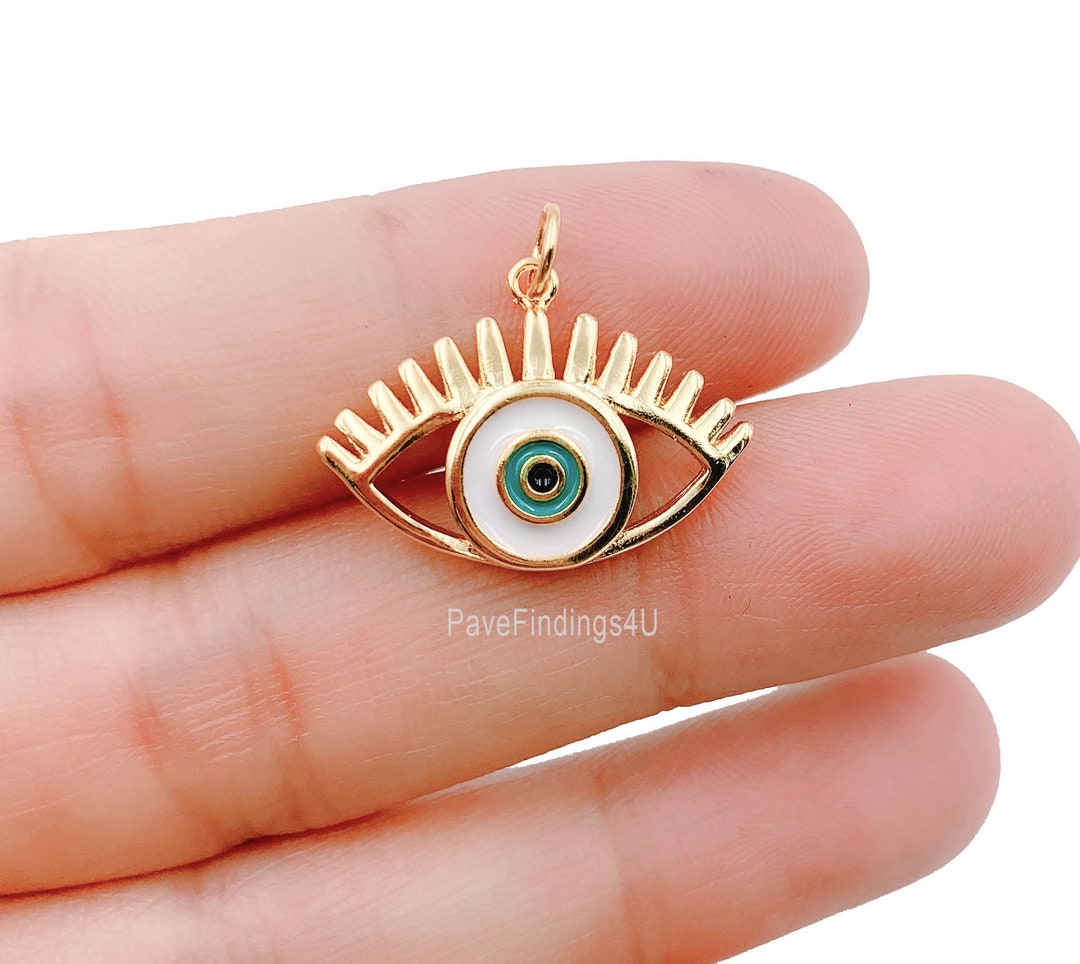 14K Gold Evil Eye With Lashes Charm, Enamel Evil Eye Pendant, Evil Eye ...