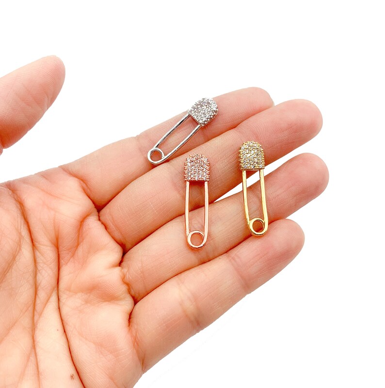 Safety Pin Charms, Cubic Zirconia, 18K Gold CZ Micro Pave Pin Charm ...