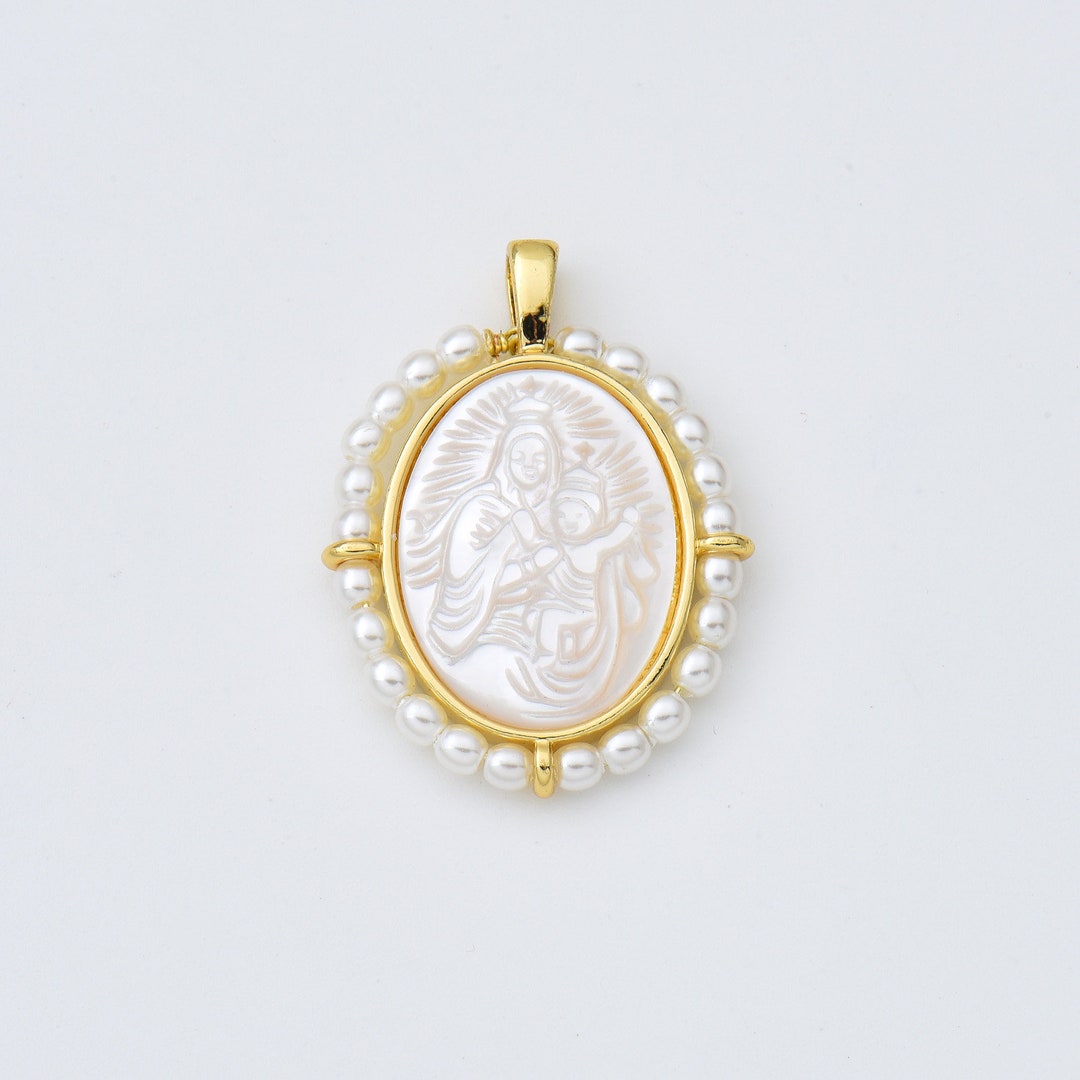 Mother of Pearl Virgin Mary Charm, Gold Filled Shell Pearl Virgin Mary ...