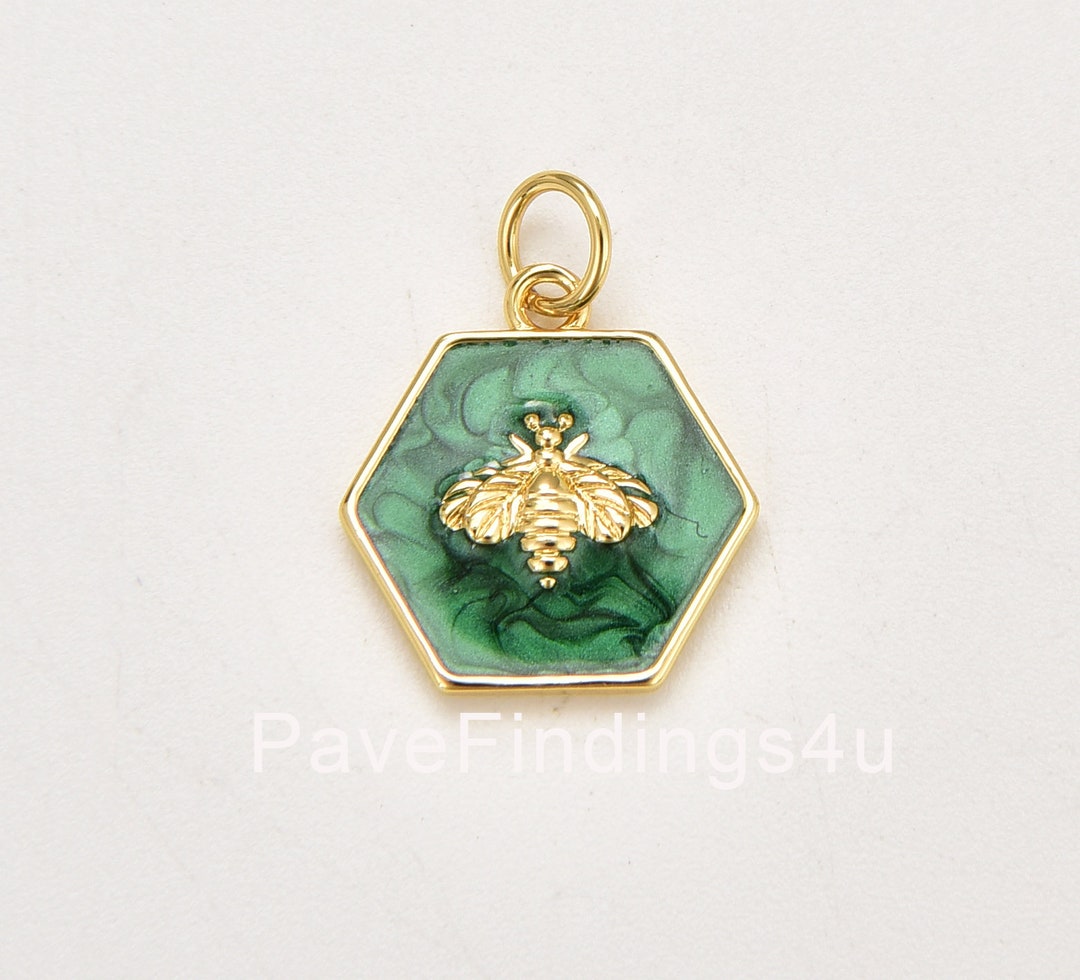 Green Enamel Bee Charm, Gold Filled Hexagon Queen Bee Pendant, Insect ...