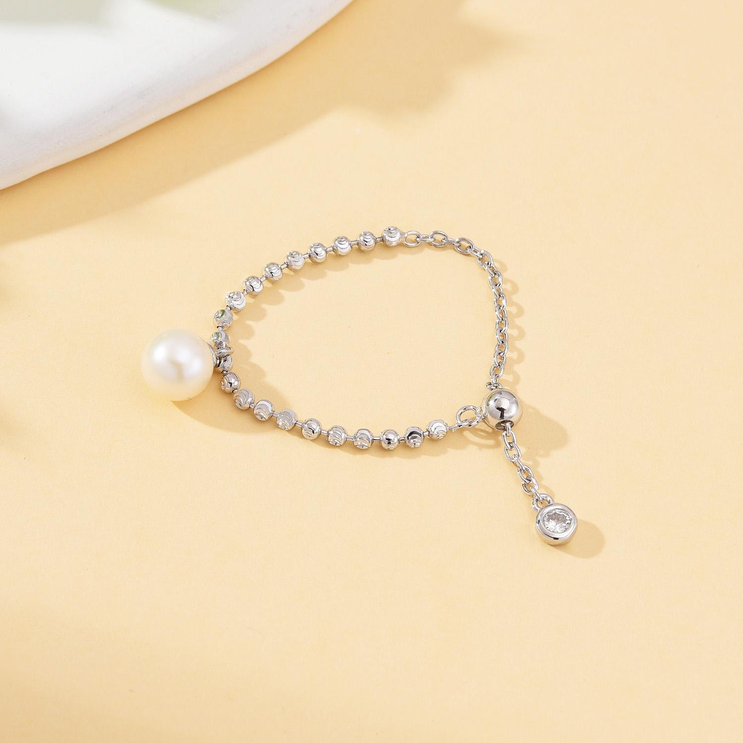 Dainty Link Chain Pearl Stackable Ring, Elegant Adjustable Chain Ring ...