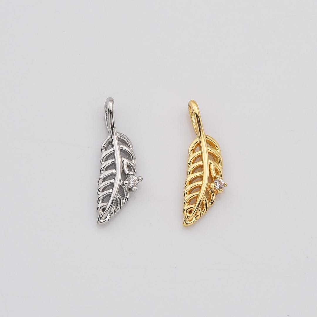 Dainty Feather/leaf Charm, Gold Filled Long Leaf Pendant CZ Micro Pave ...