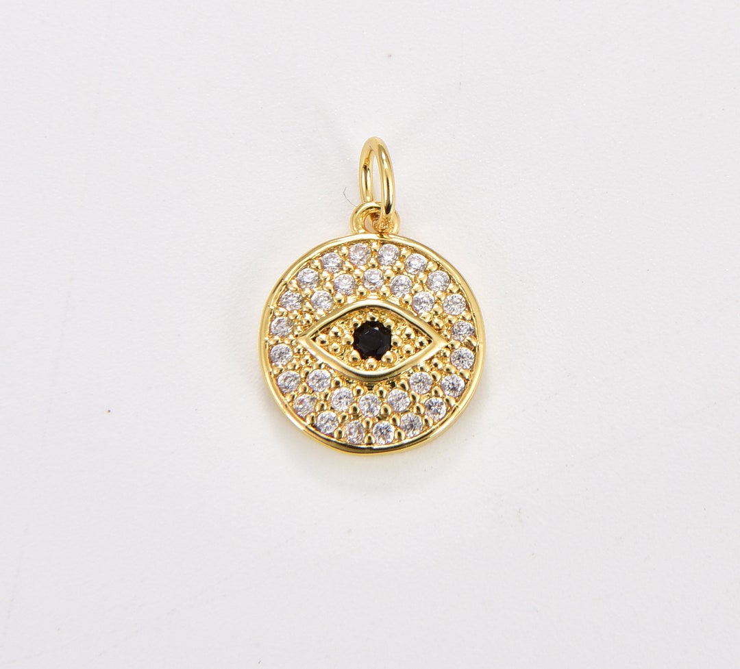 Gold Evil Eye Round Circle Micro Pave Charm Medallion Coin Round ...