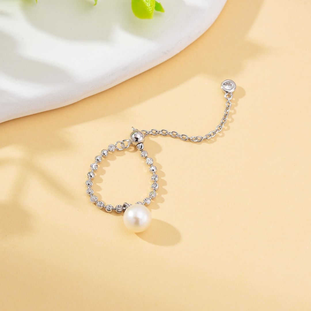 Dainty Link Chain Pearl Stackable Ring, Elegant Adjustable Chain Ring ...