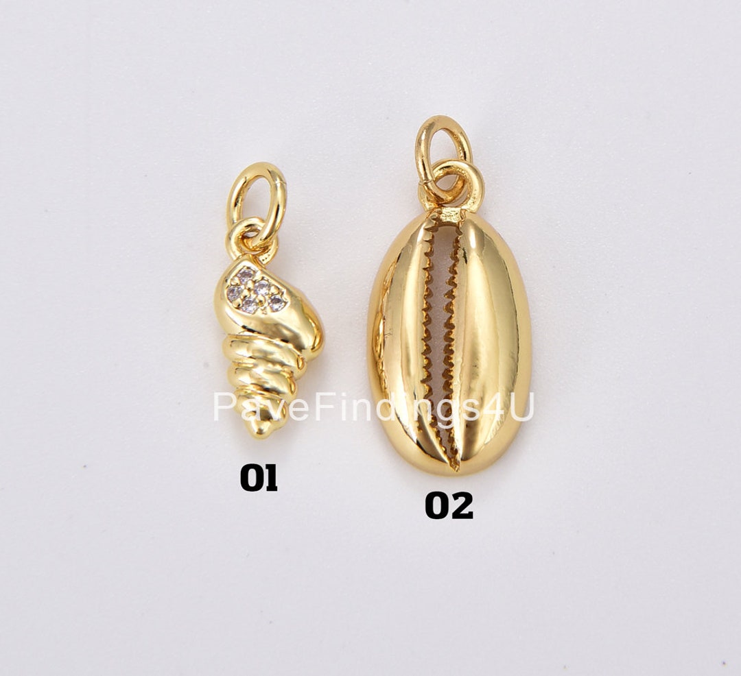 Dainty Cowrie Shell Charm, Gold Filled Sea Clam Shell Micro Paved CZ ...