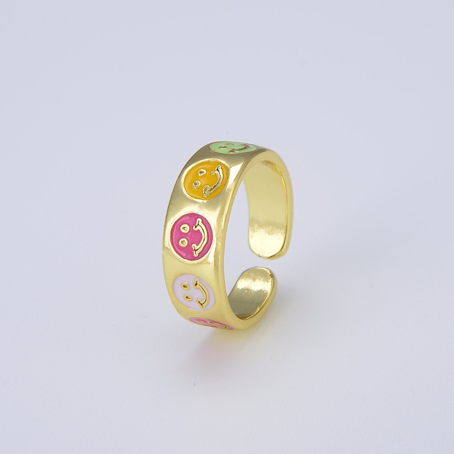 18K Gold Happy Face Ring Smiley Ring Open Ring Adjustable | Etsy