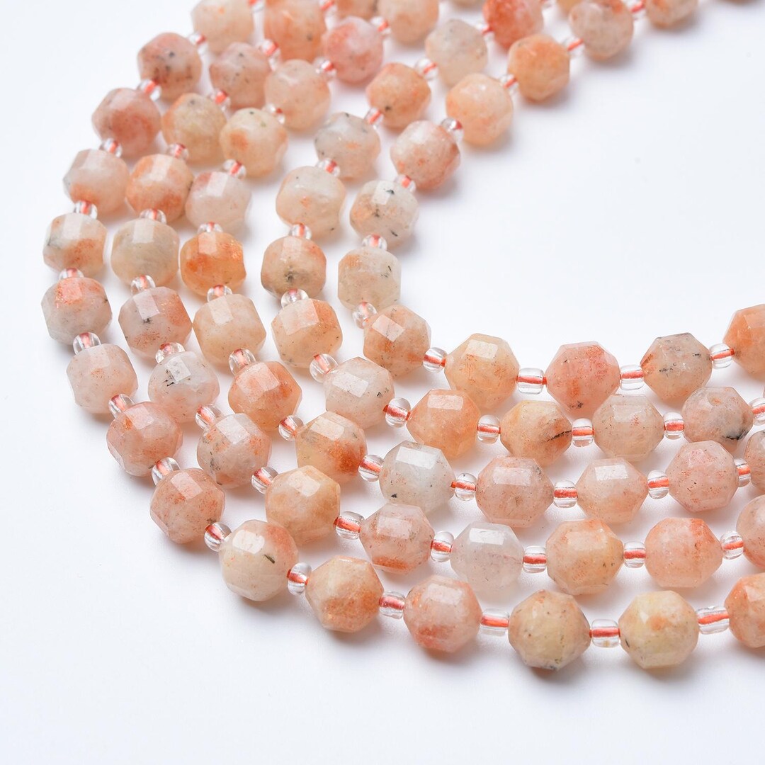 Natural Sunstone Faceted Round Prism Cut Beads Strand, 7mm Gemstone ...