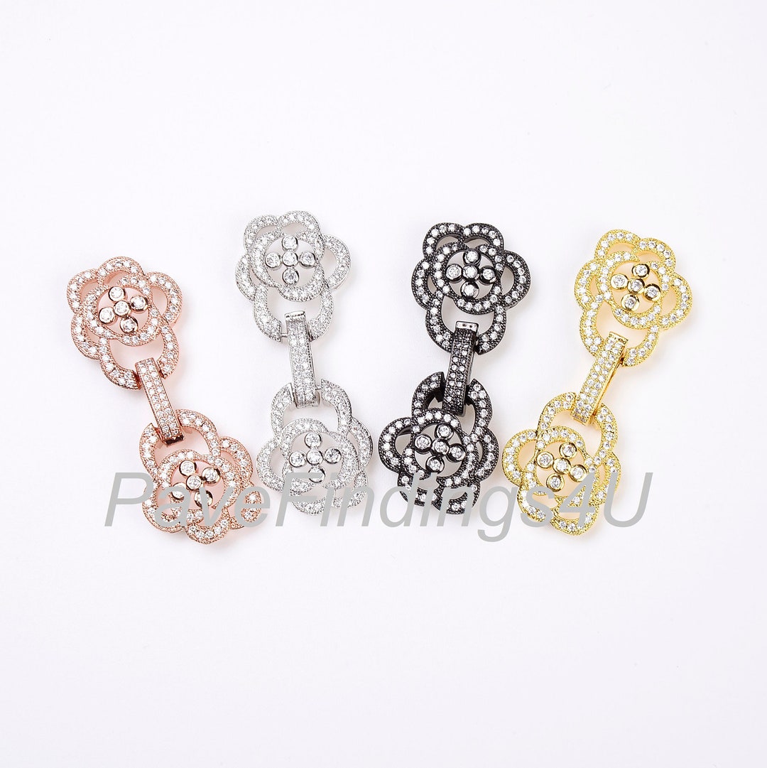 14K Gold CZ Micro Pave ROSE Flower Snap Multi-strands Buckle Clasp ...