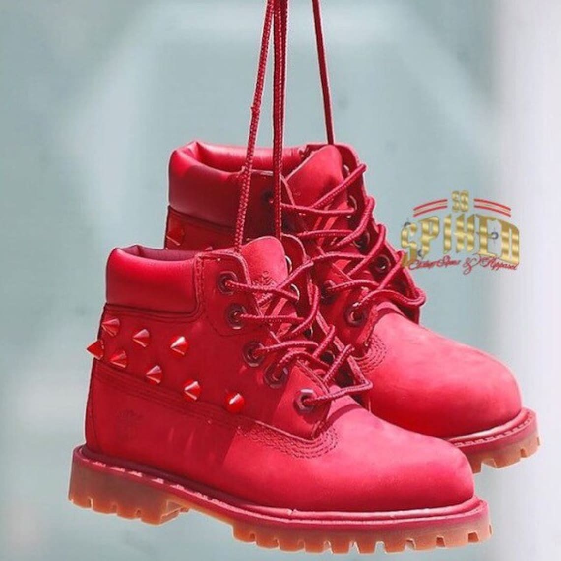 All RED Studded/spike Timberlands | Etsy