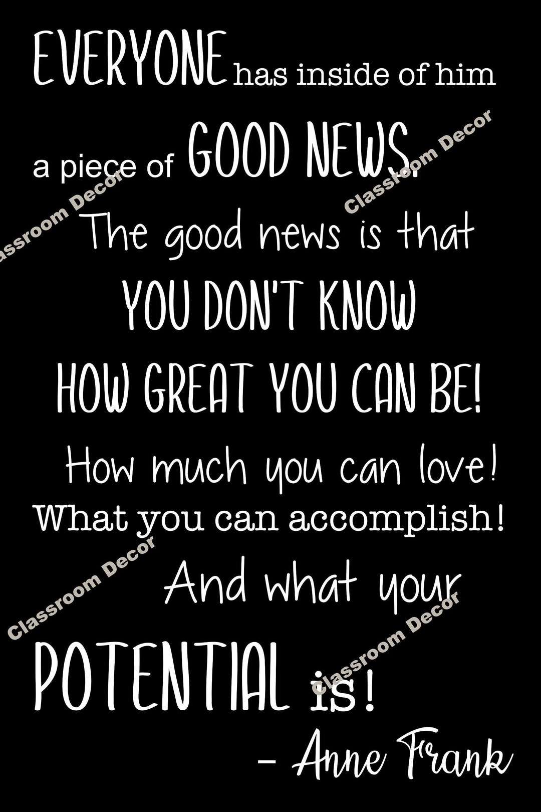 Anne Frank Classroom Poster 20x30 Digital Print Black and White Decor ...