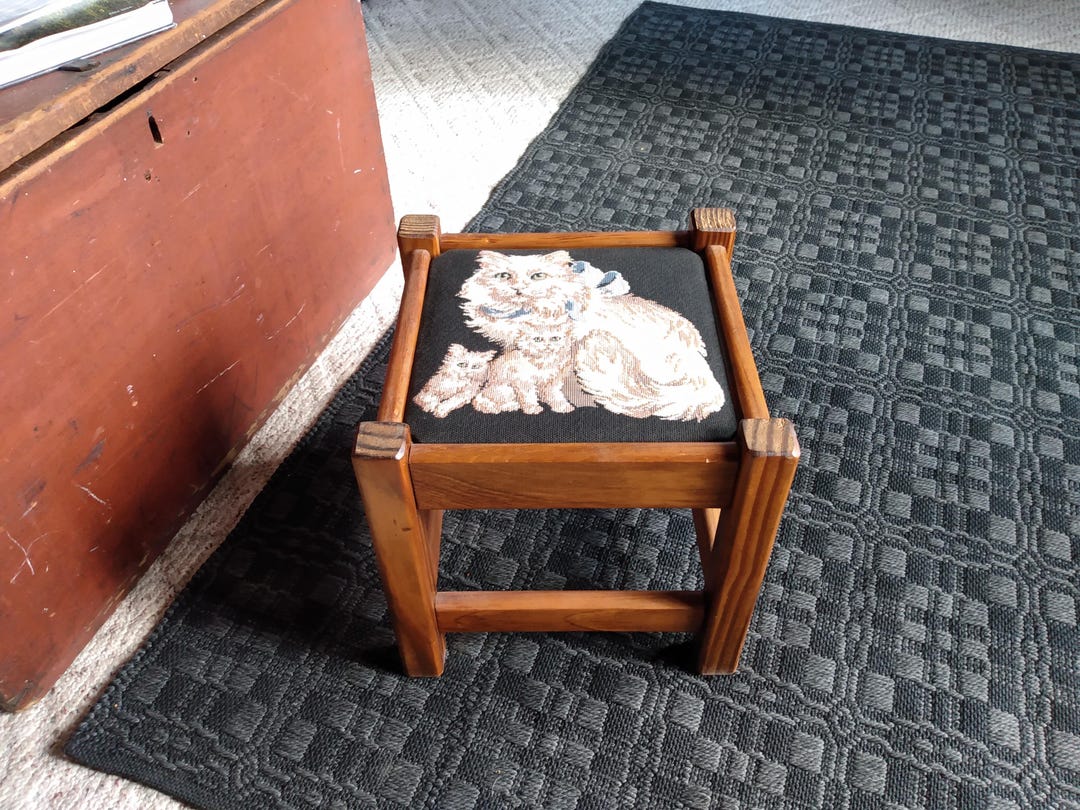 Vintage Persian Cat & Kittens Wooden Footstool 1980s Black Fabric Wood ...
