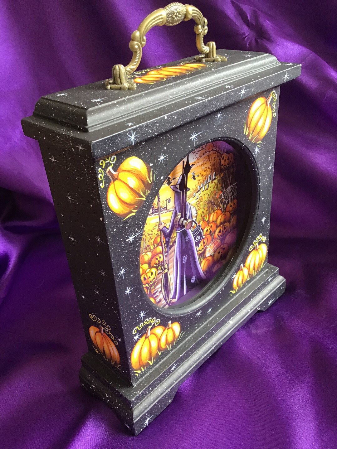 OOAK Hand Painted Wooden Mantle Desk Clock Halloween, Witch, Fall ...