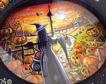 OOAK Hand Painted Wooden Mantle Desk Clock Halloween Witch | Etsy