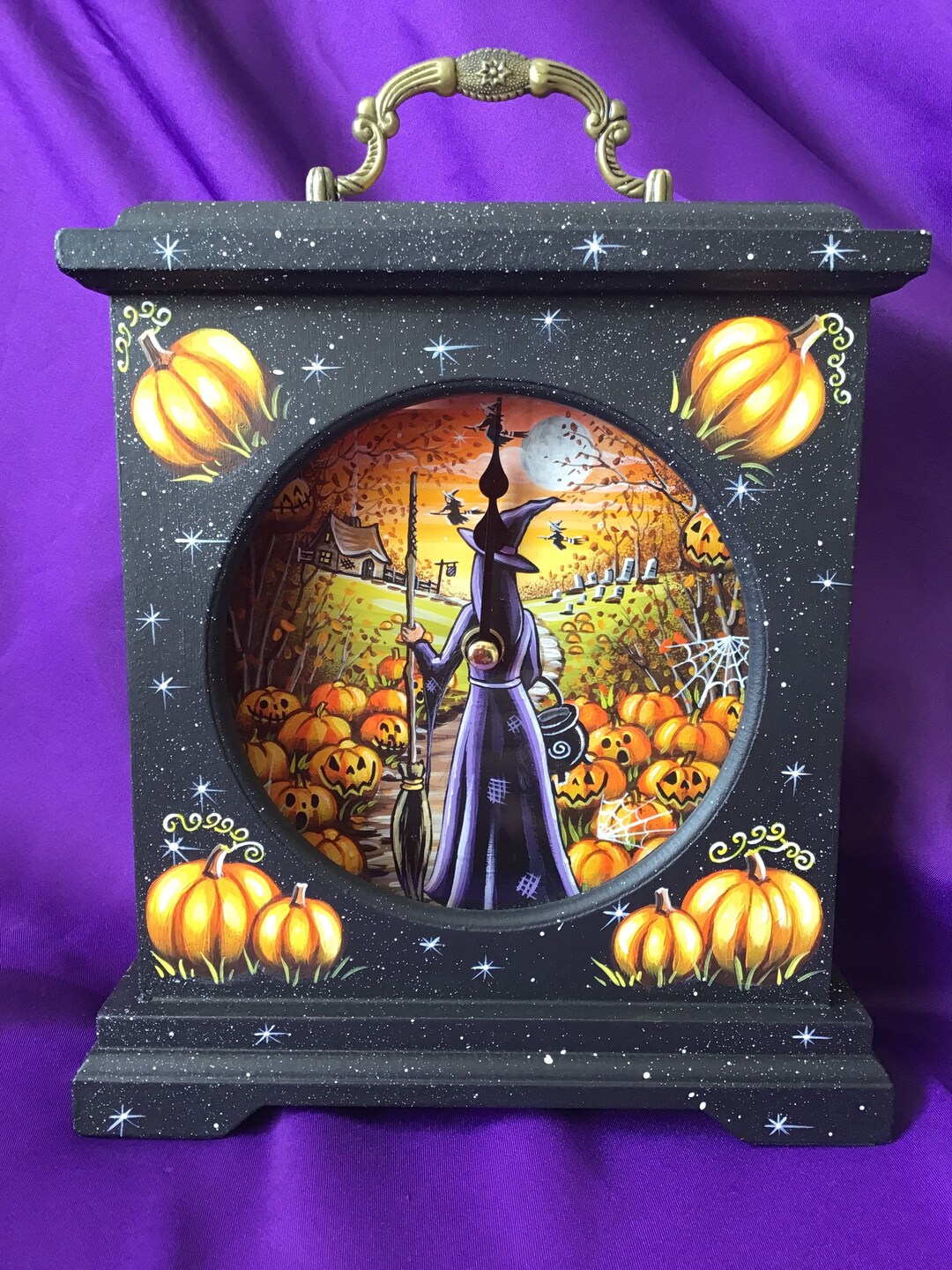 OOAK Hand Painted Wooden Mantle Desk Clock Halloween Witch - Etsy