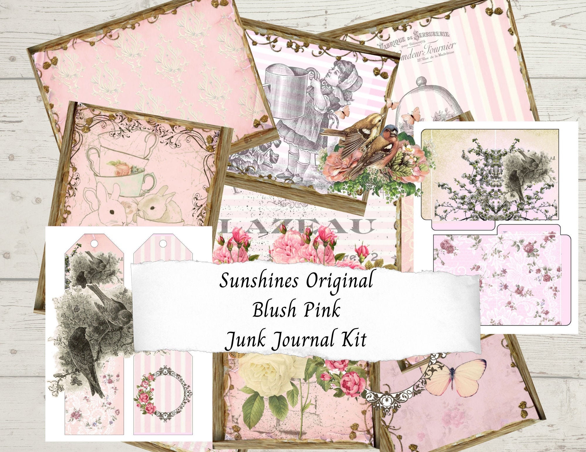 Printable Journal Kit, Shabby Blush Pink Papers, Journal Tags, Coin ...
