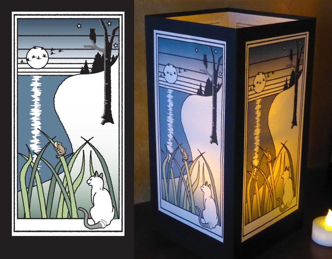 Paper Luminary, "evening Lake", Paper Lantern, Cat Art Luminary ...