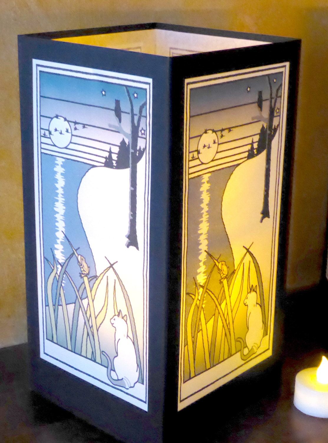 Paper Luminary, "evening Lake", Paper Lantern, Cat Art Luminary ...