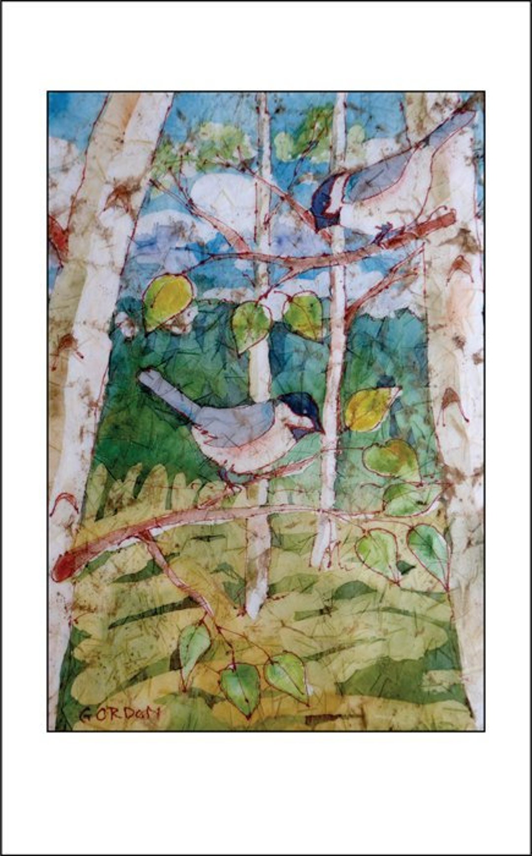 Birch Wood Chickadees Watercolor Batik Greeting Card: for Friendship ...