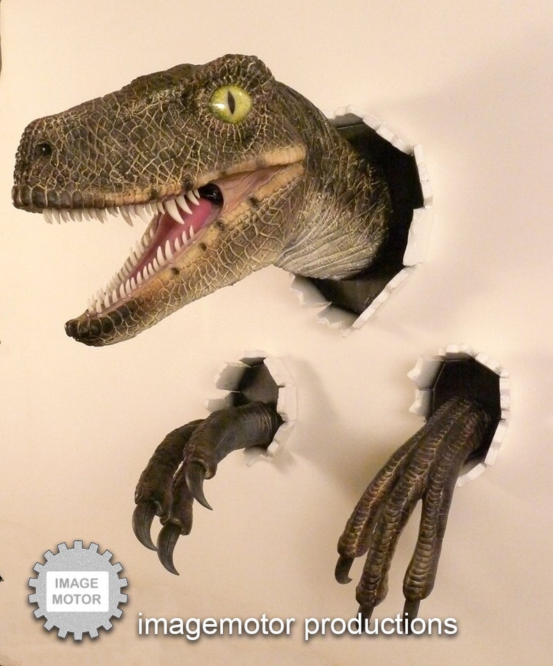 Wall bursting Velociraptor with claws prop replica set New | Etsy