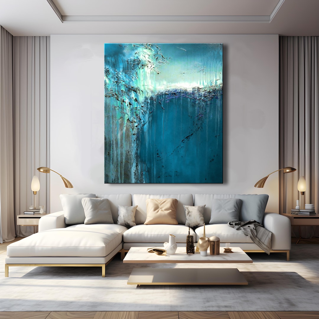 Teal Abstract Canvas Wall Art, Ready to Hang Artwork Textured Limited ...