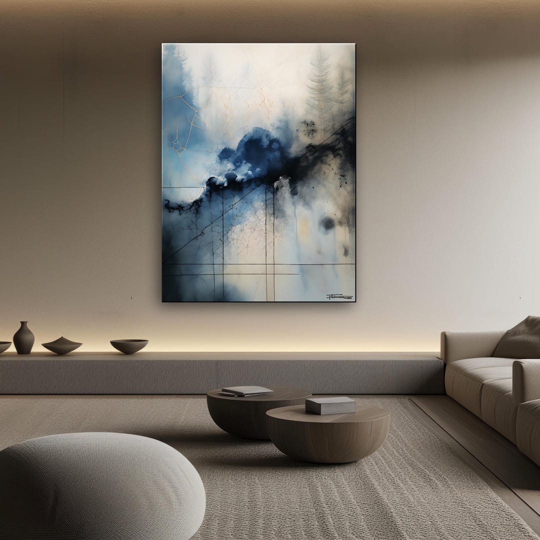 Extra Large Abstract Landscape Canvas Art: Blue Gray Distant Trees ...