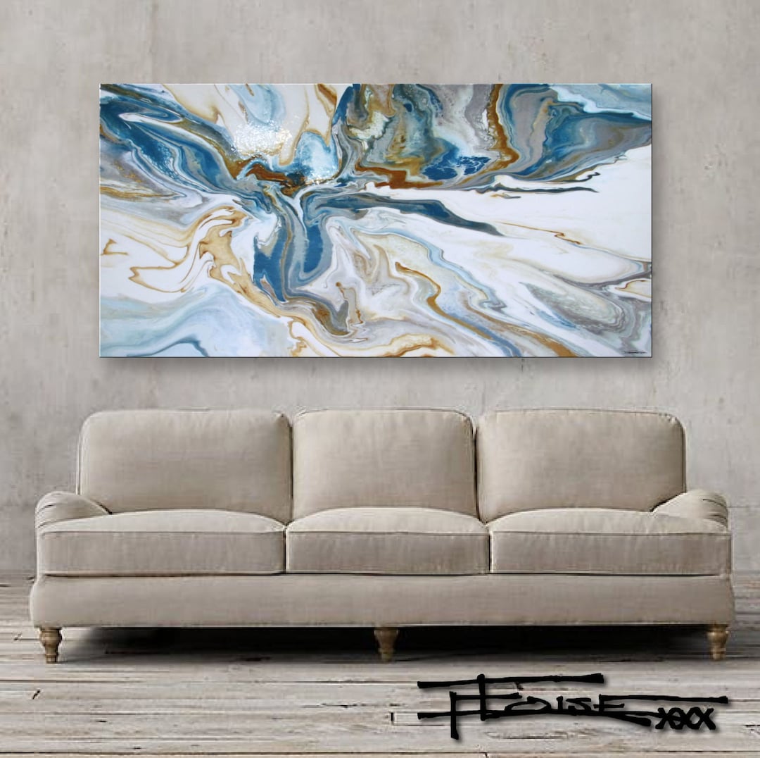 Abstract Resin Painting: Blue, Teal, and Gold Canvas Wall Art (60x30 ...