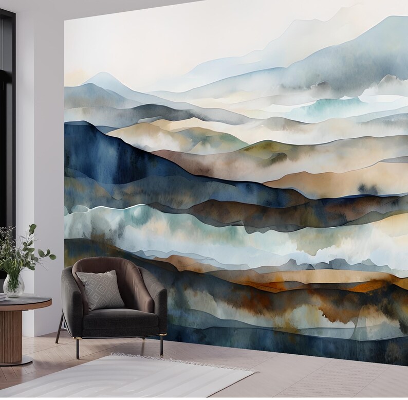 Blue Mountain Wall Mural Abstract Wallpaper Luxe Peel & Stick or Non ...