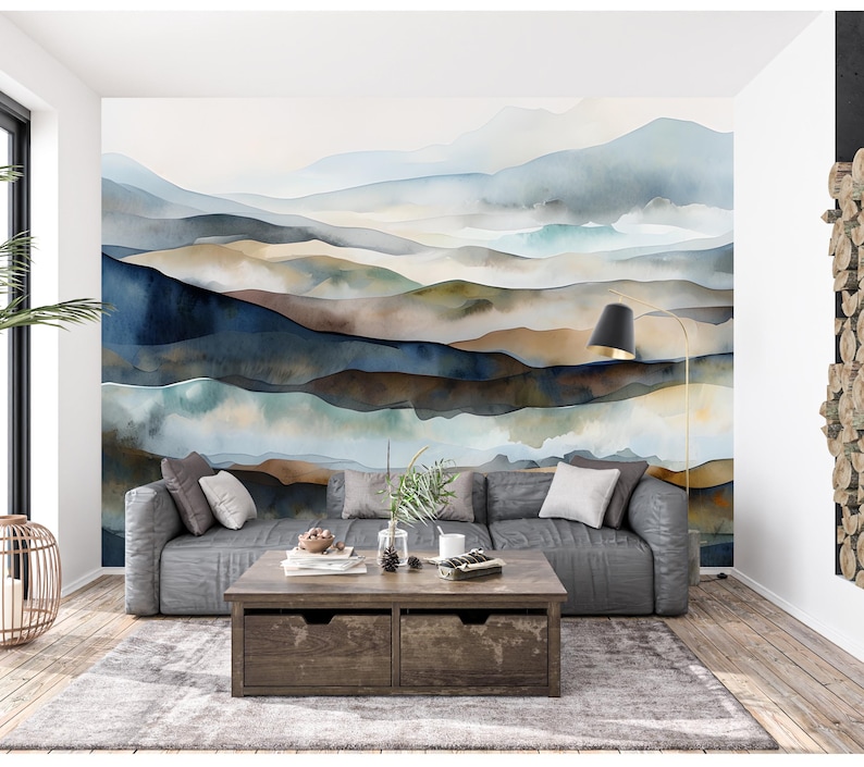 Blue Mountain Wall Mural Abstract Wallpaper Luxe Peel & Stick or Non ...