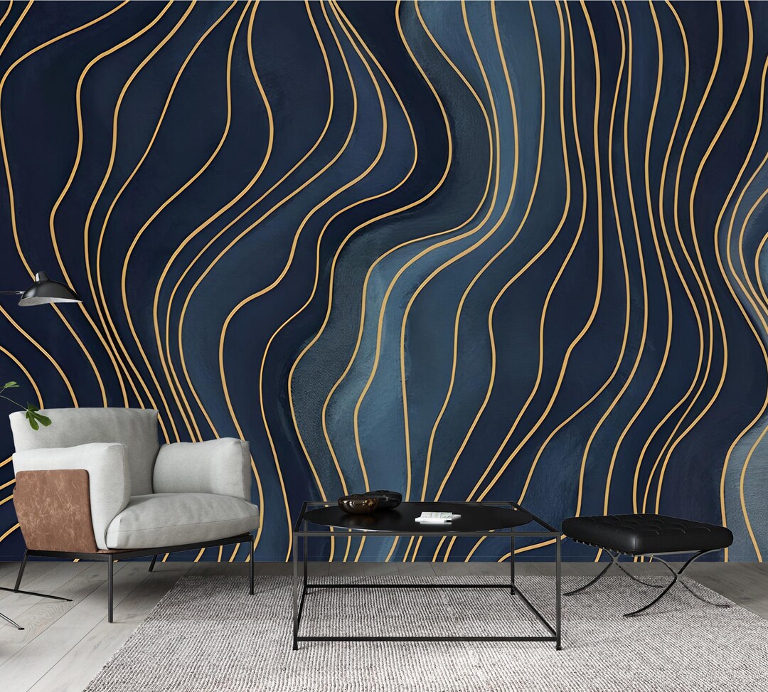 Wavy Lines Wall Mural, Blue Abstract Wallpaper in Peel and Stick or Non ...