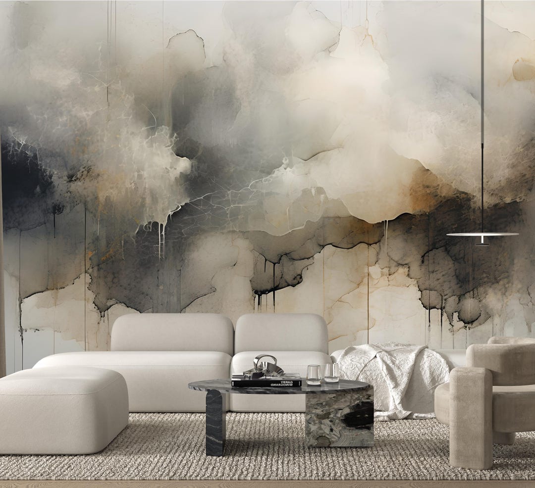 Neutral Abstract Wall Mural Modern Drip-effect Wallpaper in Peel ...