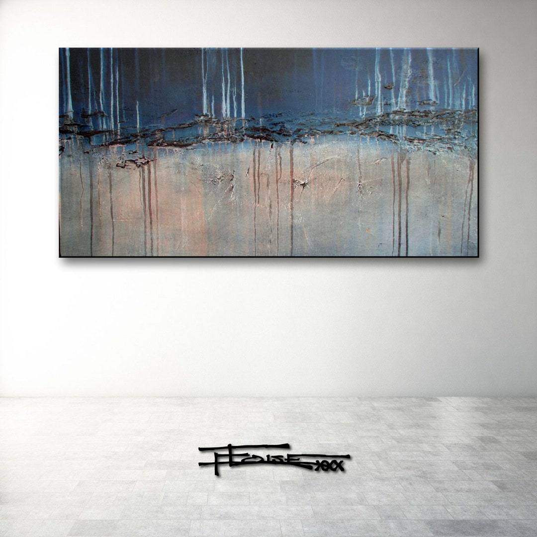 Large Abstract Canvas Painting: Denim and Stone, 60x30 Ready to Hang - Etsy