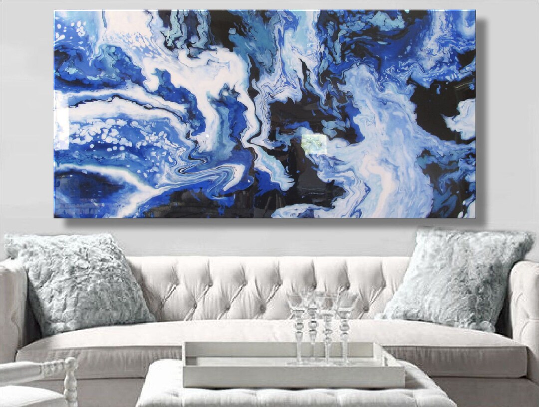 Large Blue Abstract Painting: High Gloss Resin Canvas Art (60x30 Inch ...