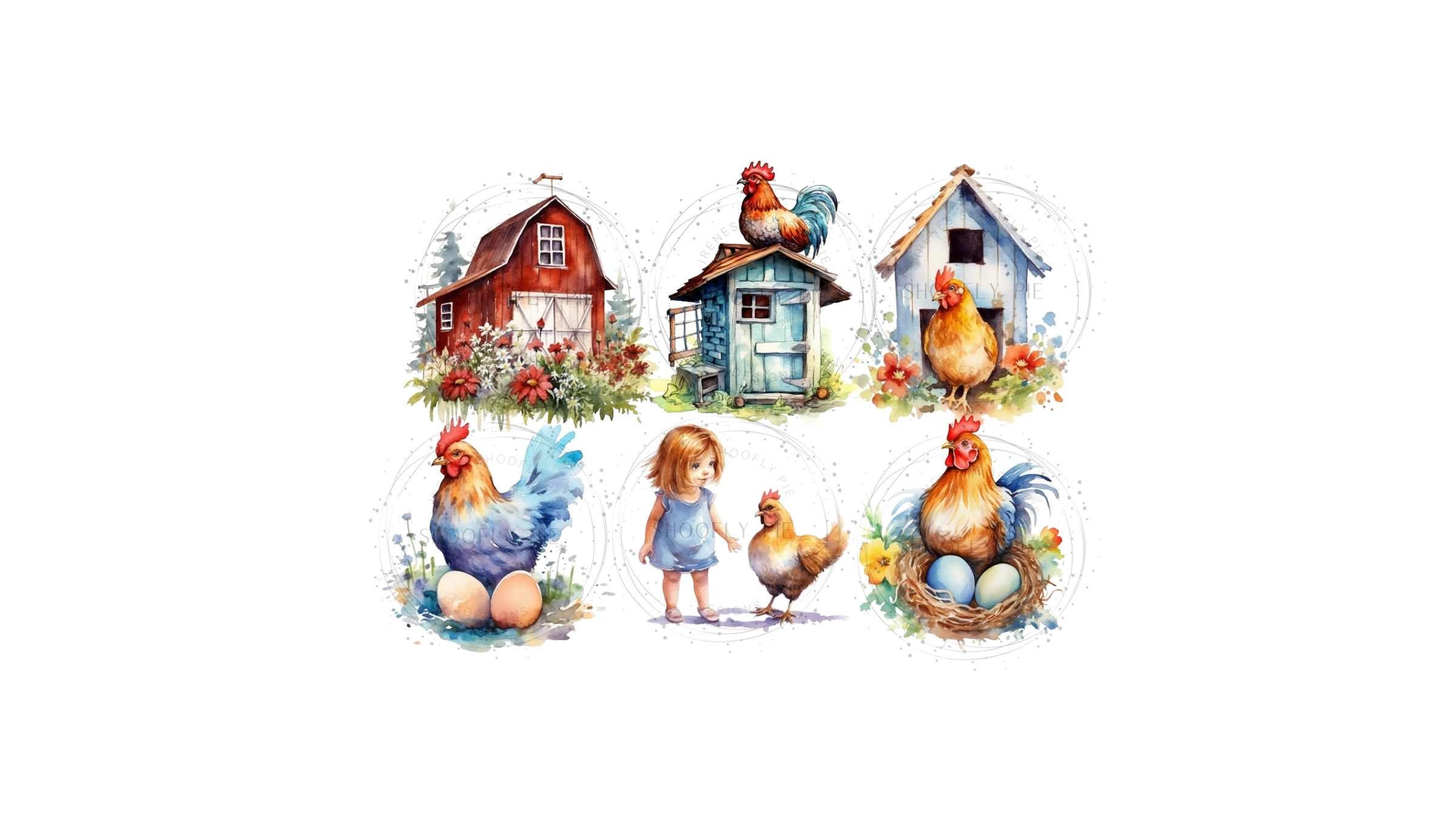 Cute Chickens Watercolor Clipart Farm Animals PNG - Etsy