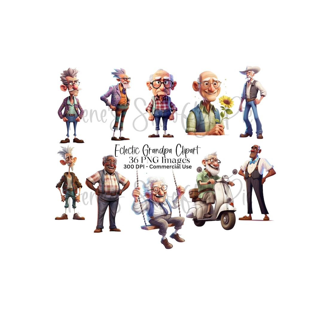 Whimsical Old Man Clipart - Eclectic Grandpa PNG - Mixed Media - Quirky ...
