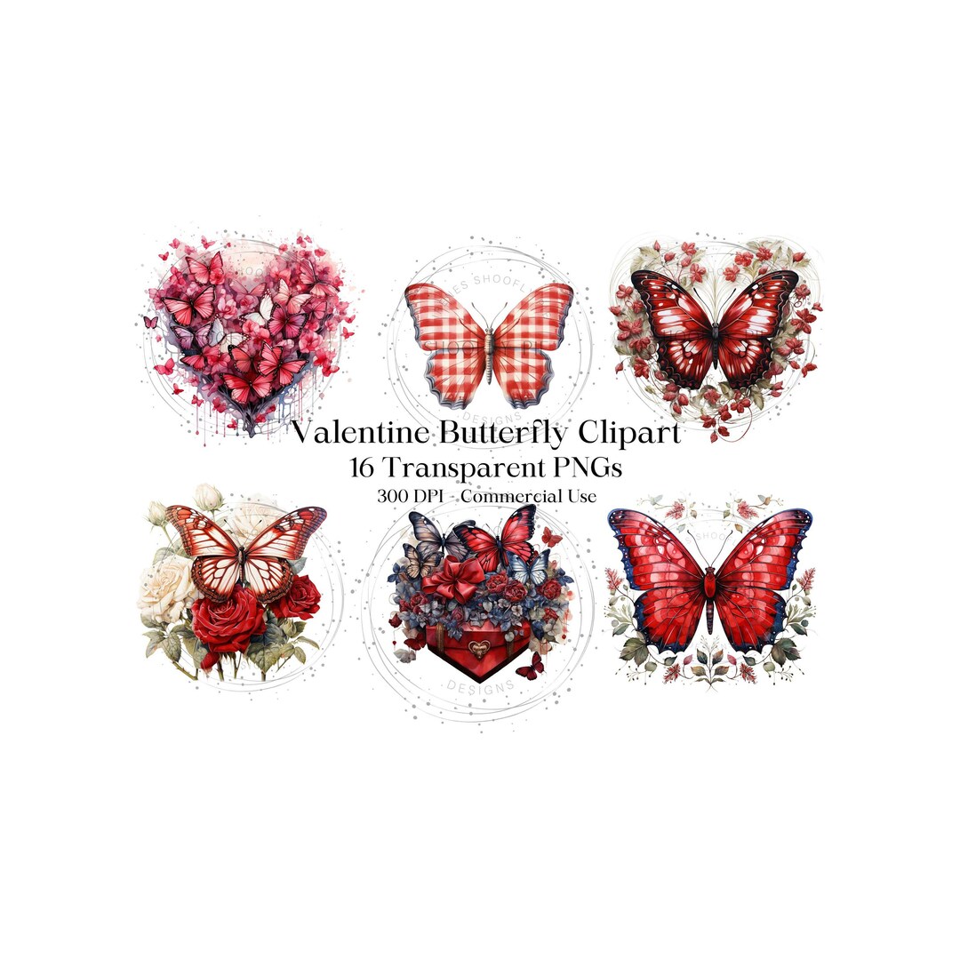 Valentines Butterflies Watercolor Clipart - Butterfly PNG - Valentines ...