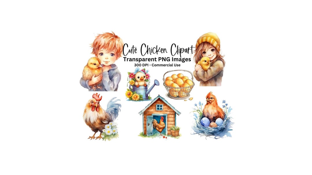 Cute Chickens Watercolor Clipart - Farm Animals PNG - Sublimation ...
