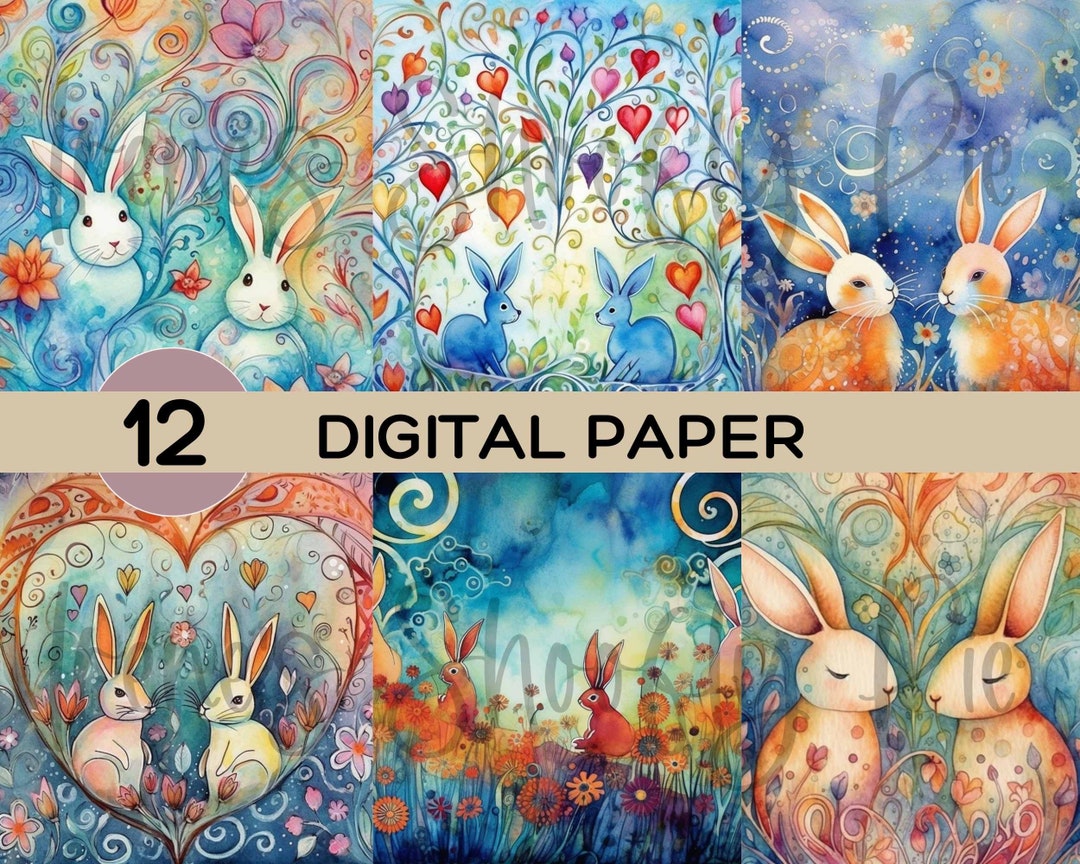 Bunny Digital Paper - Whimsical Rabbit Printable Paper - Junk Journal ...