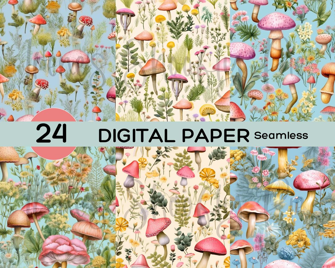 Pink and Green Mushroom Digital Paper - Mushroom Seamless Patterns ...