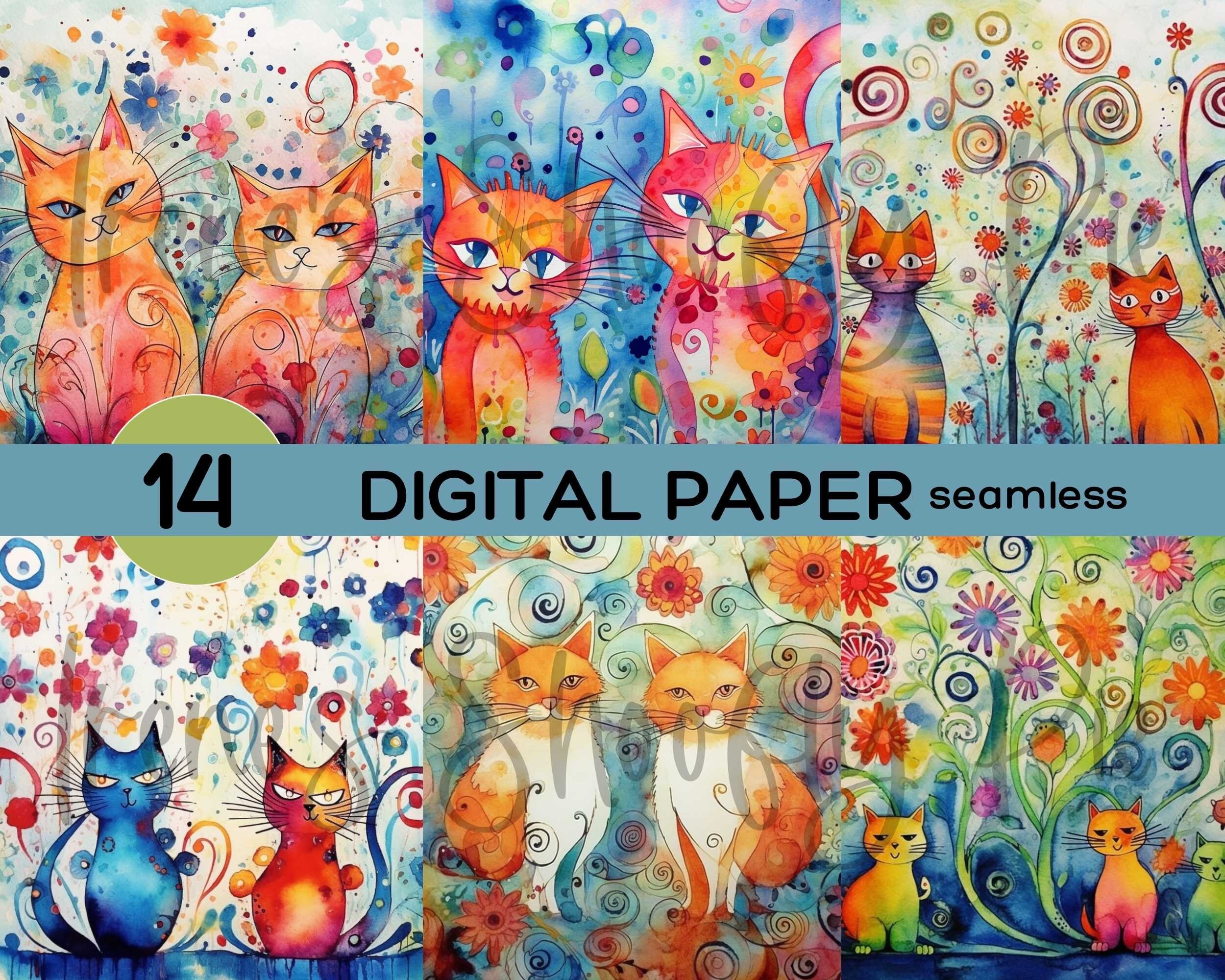 Cat Digital Paper - Whimsical Cat Printable Paper - Junk Journal ...