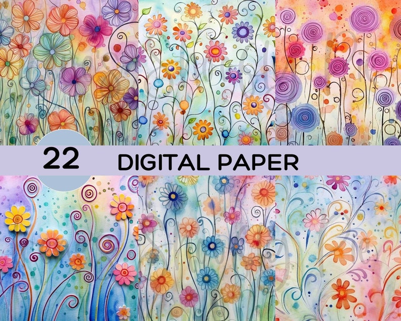 Whimsical Floral Digital Paper Whimsical Spring Flower Printable Paper ...
