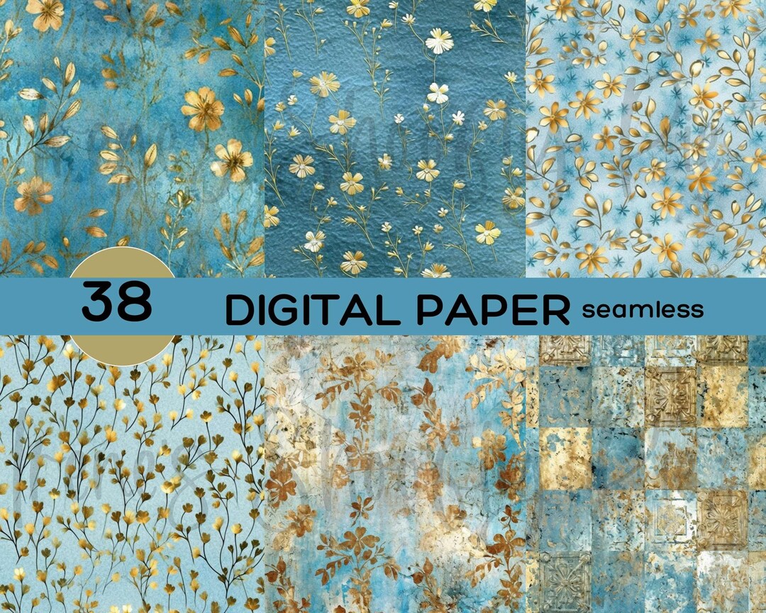 Blue and Gold Embossed Digital Paper - Seamless Patterns - Shabby Chic ...