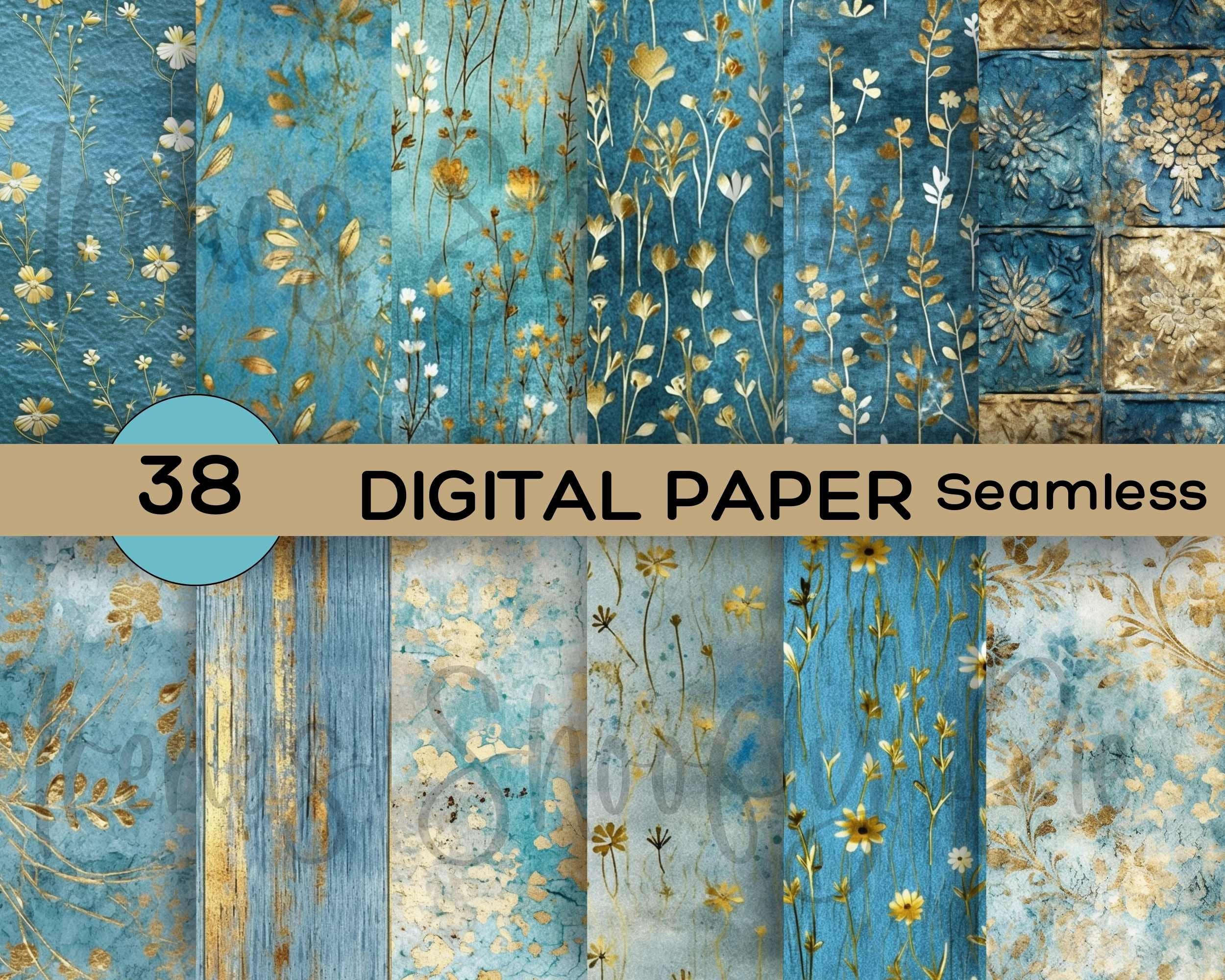 Blue and Gold Embossed Digital Paper Seamless Patterns Shabby Chic ...