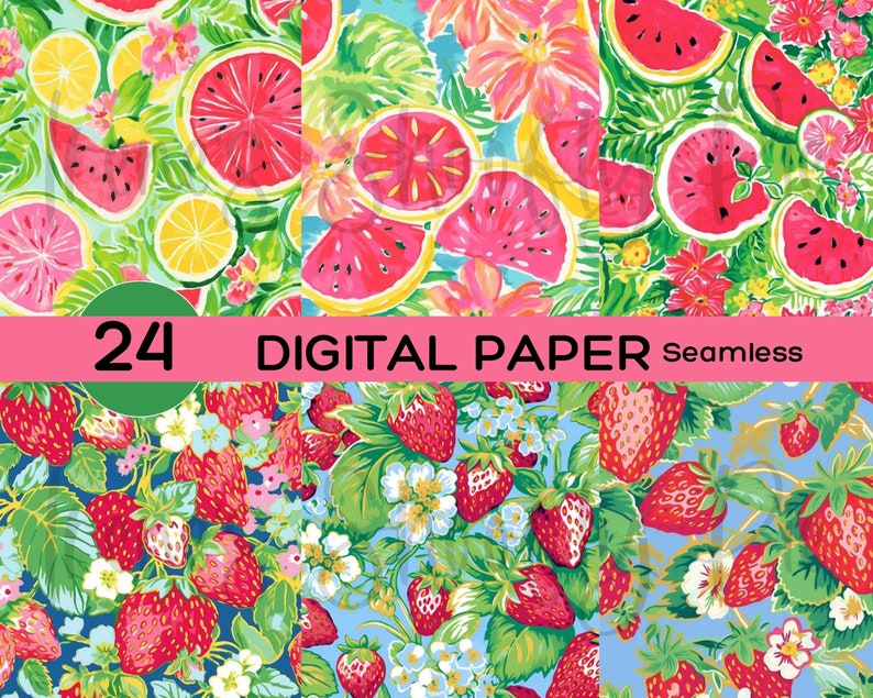 Preppy Summer Fruit Digital Paper - Fruit Seamless Patterns ...