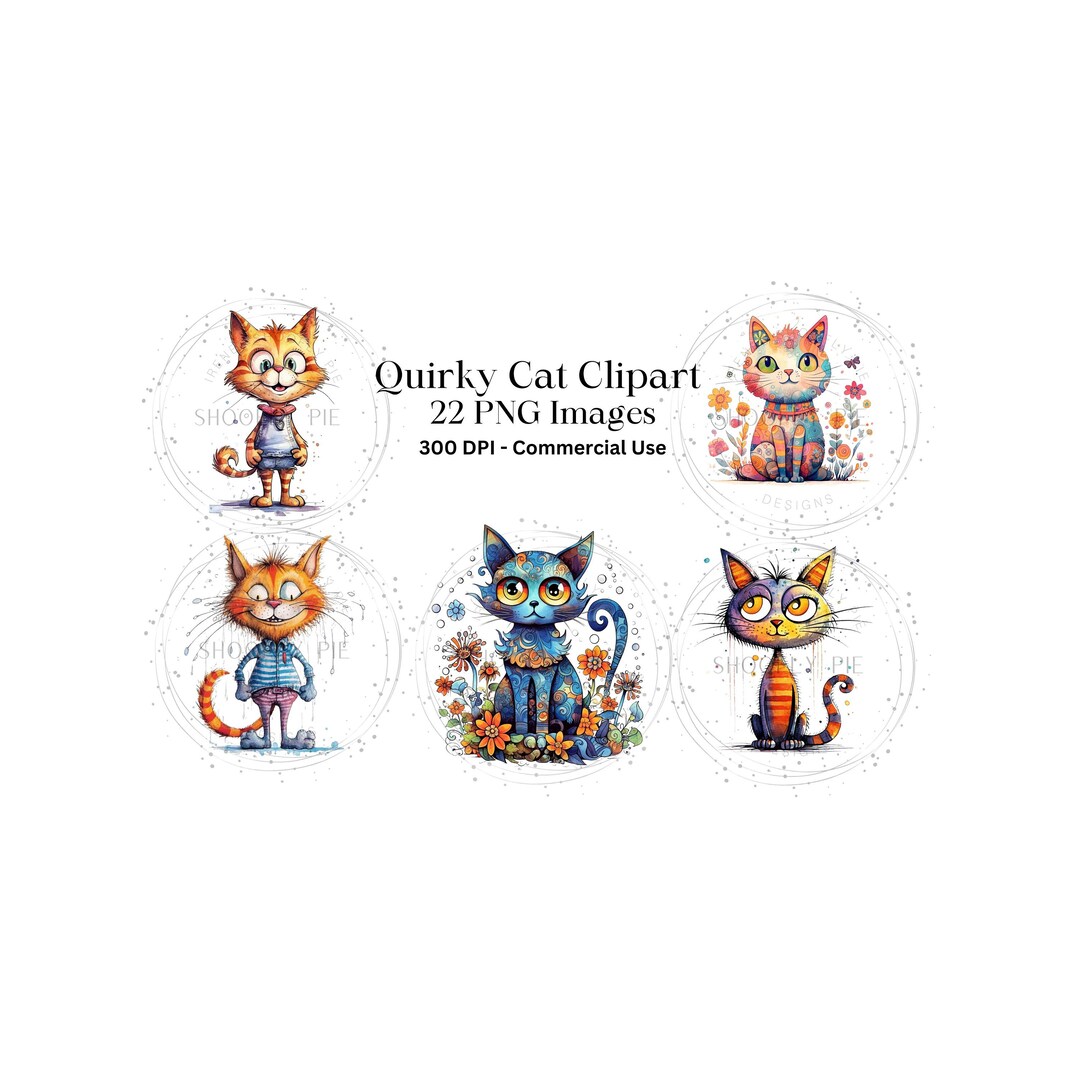 Whimsical Cat Clipart Quirky Cat Pngs Cartoon Cat Prints Instant ...
