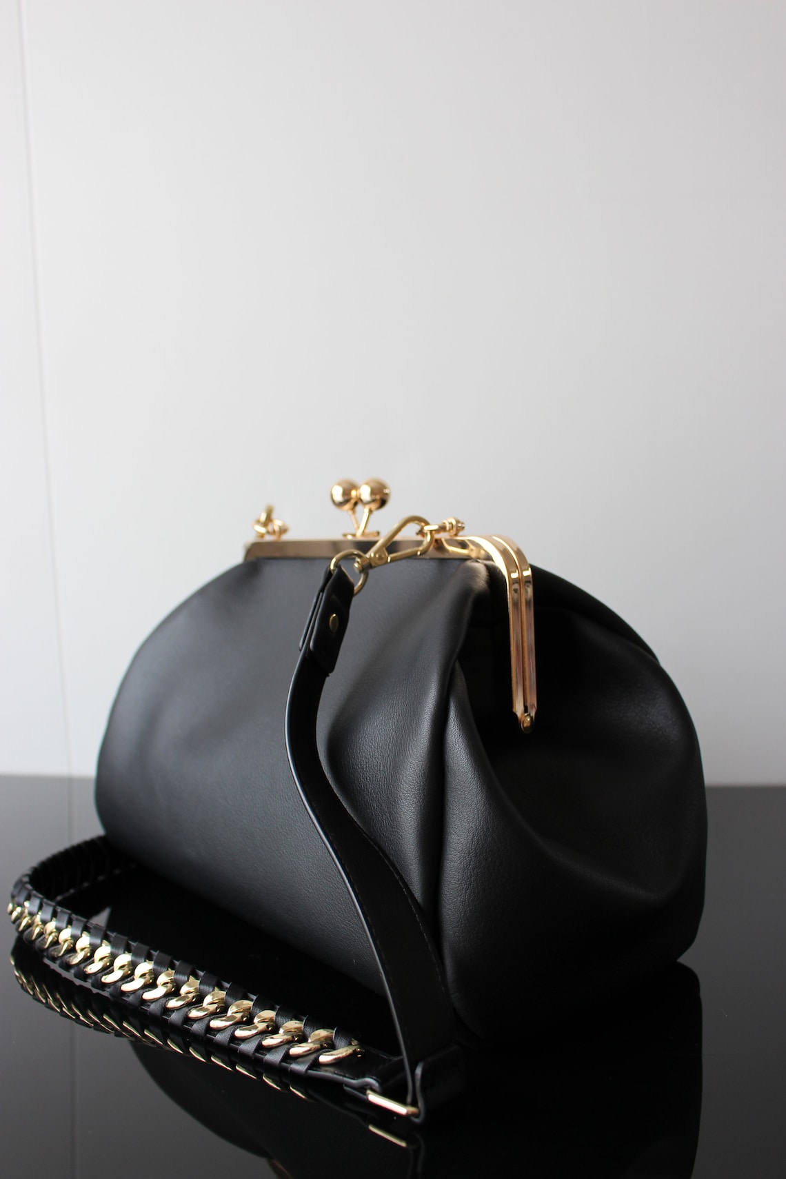 Large kiss lock Handbag Black leather Rock bag Leather cross | Etsy