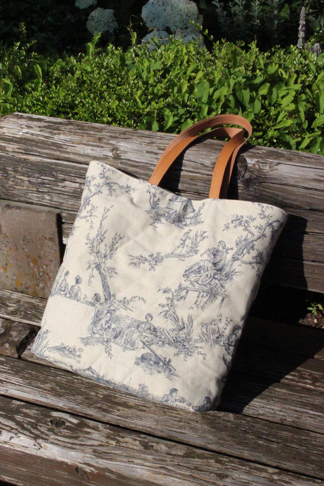 Tote Bag Toile De Jouy Blue With Leather Handles Handmade Bag for Women ...