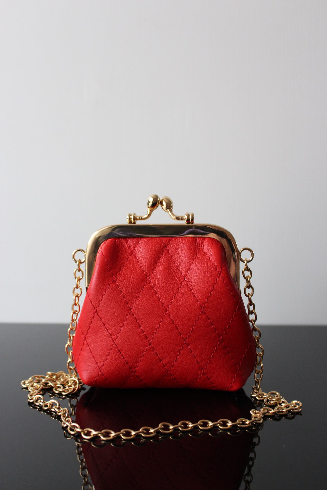 Red leather kiss lock purse quilted bag Designer bag kiss lock | Etsy