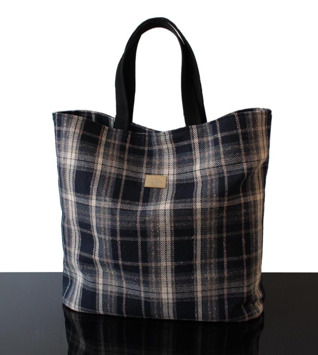 Tweed Bag Leather Handles Navy Blue Plaid Bag Wool Tote - Etsy