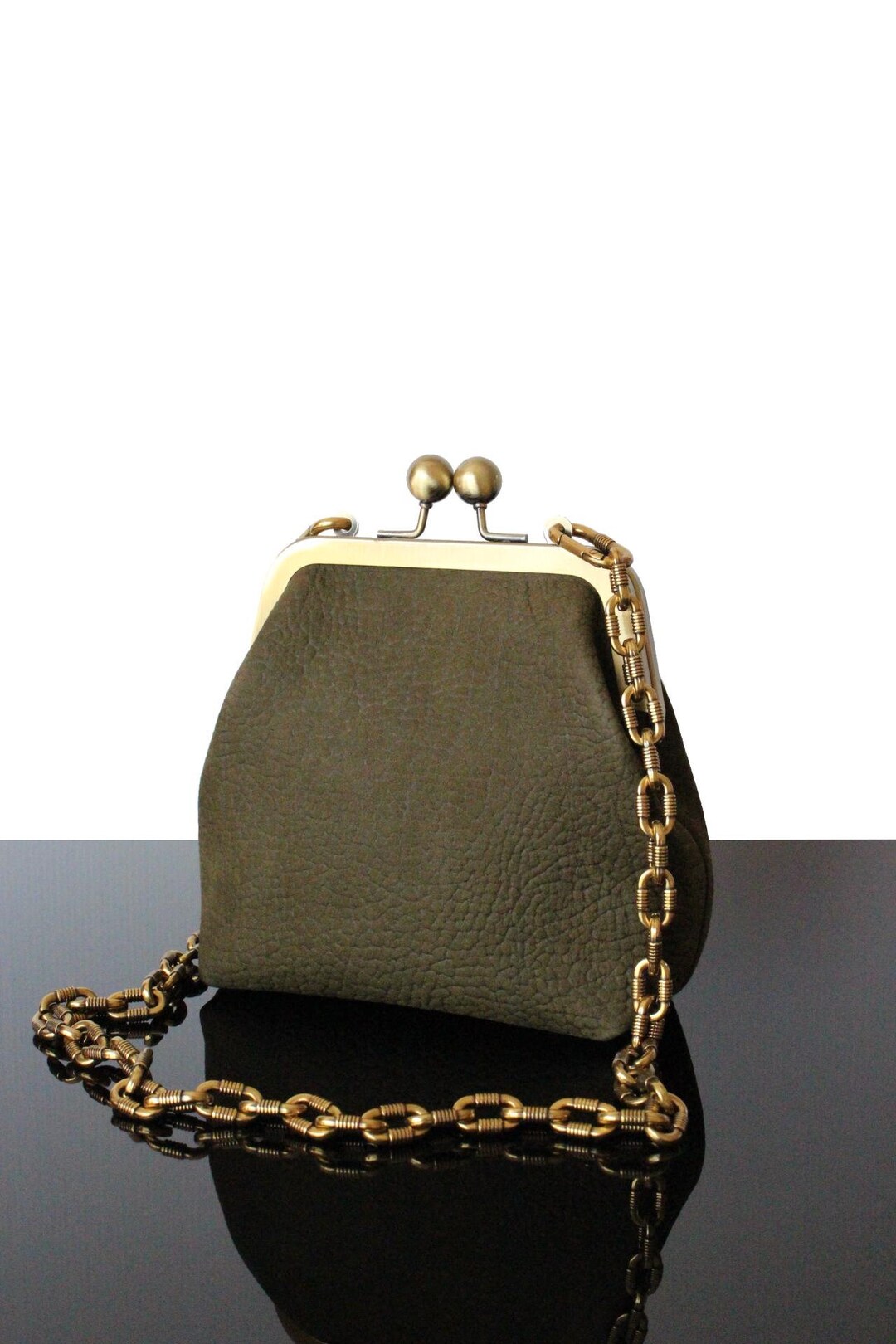 Handmade Genuine Khaki Leather Vintage Style Bag Kisslock Purse Small ...